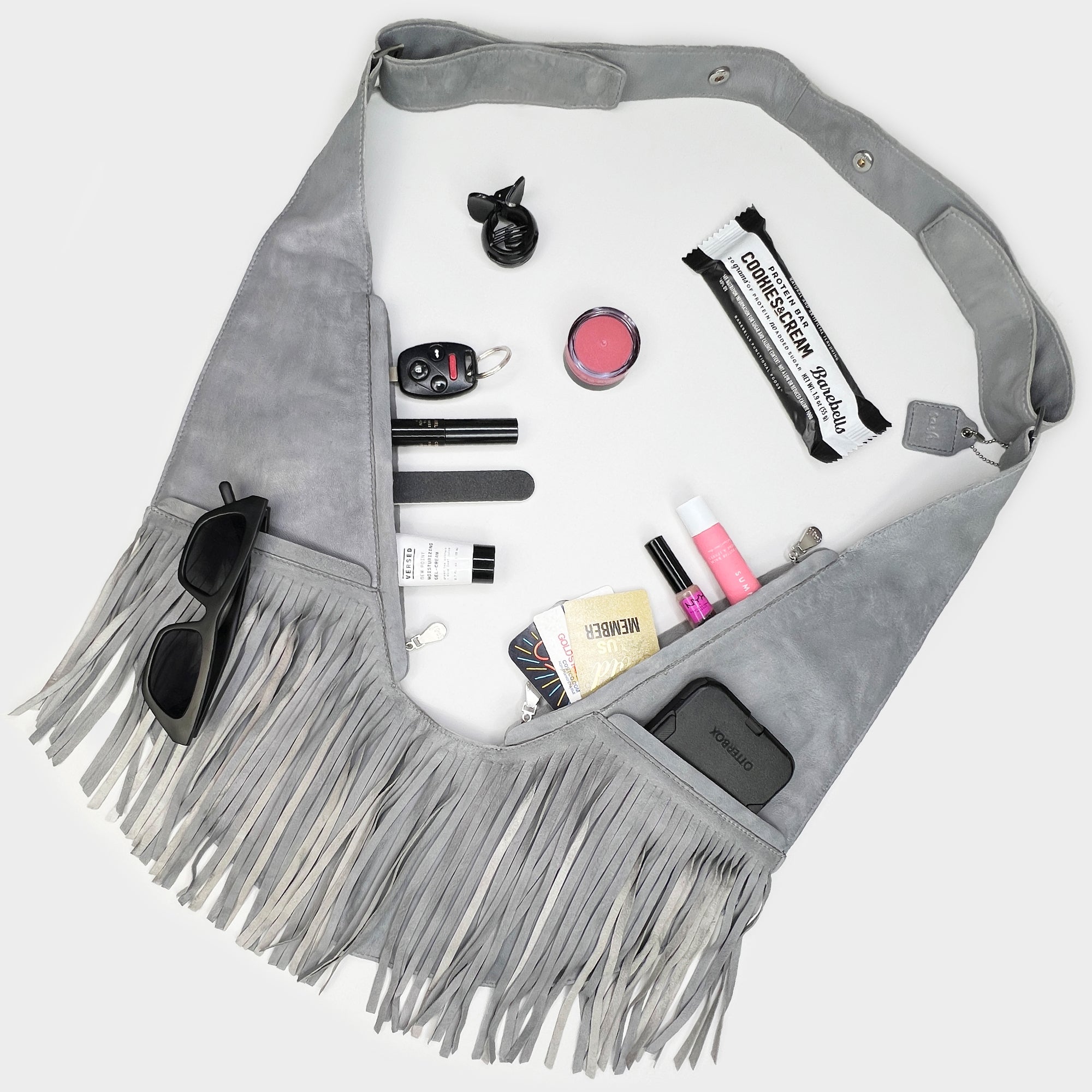 (LIVE) Gray Fringe Leather Sash Bag